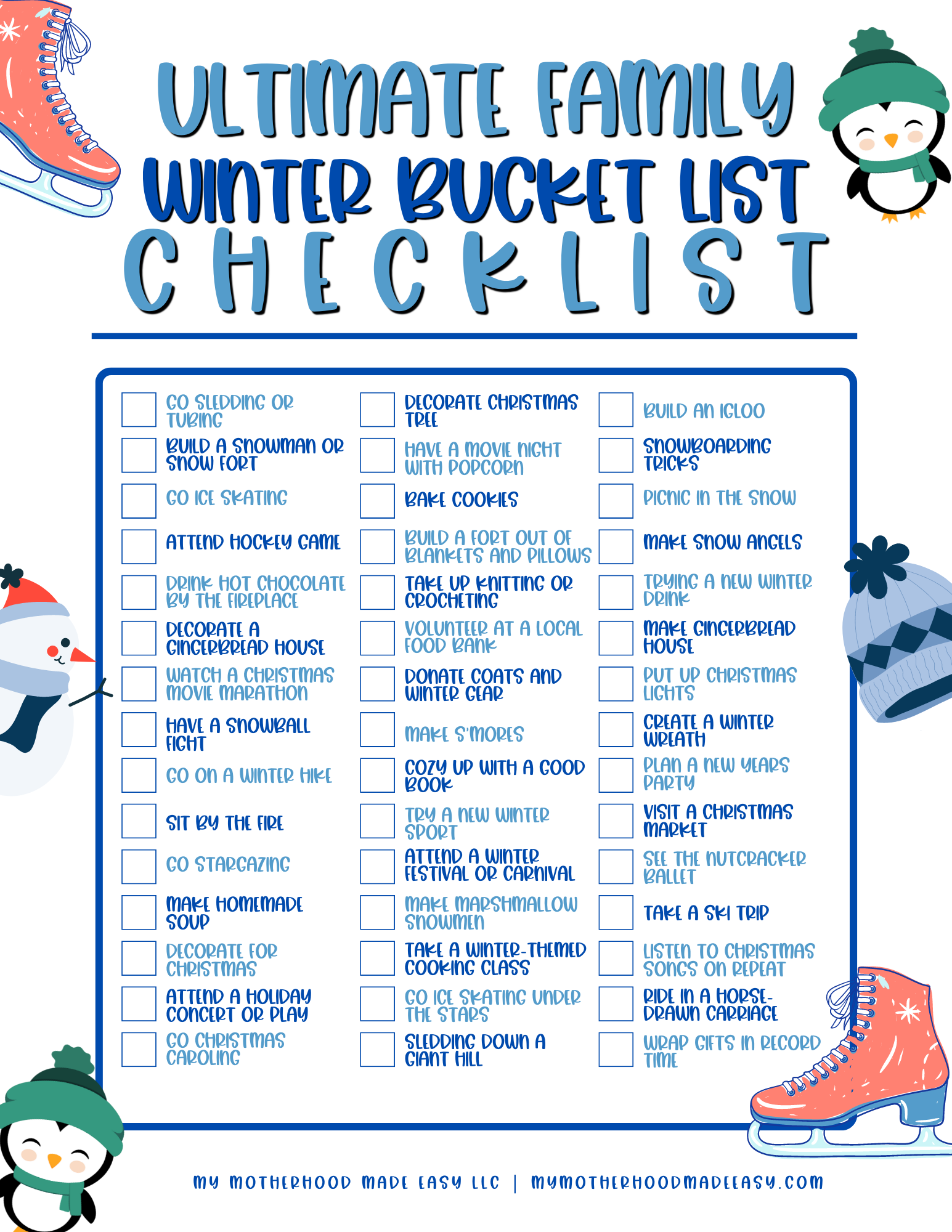 Winter Bucket List PDF: 50 Fun Things to Do in Winter! – My Motherhood ...