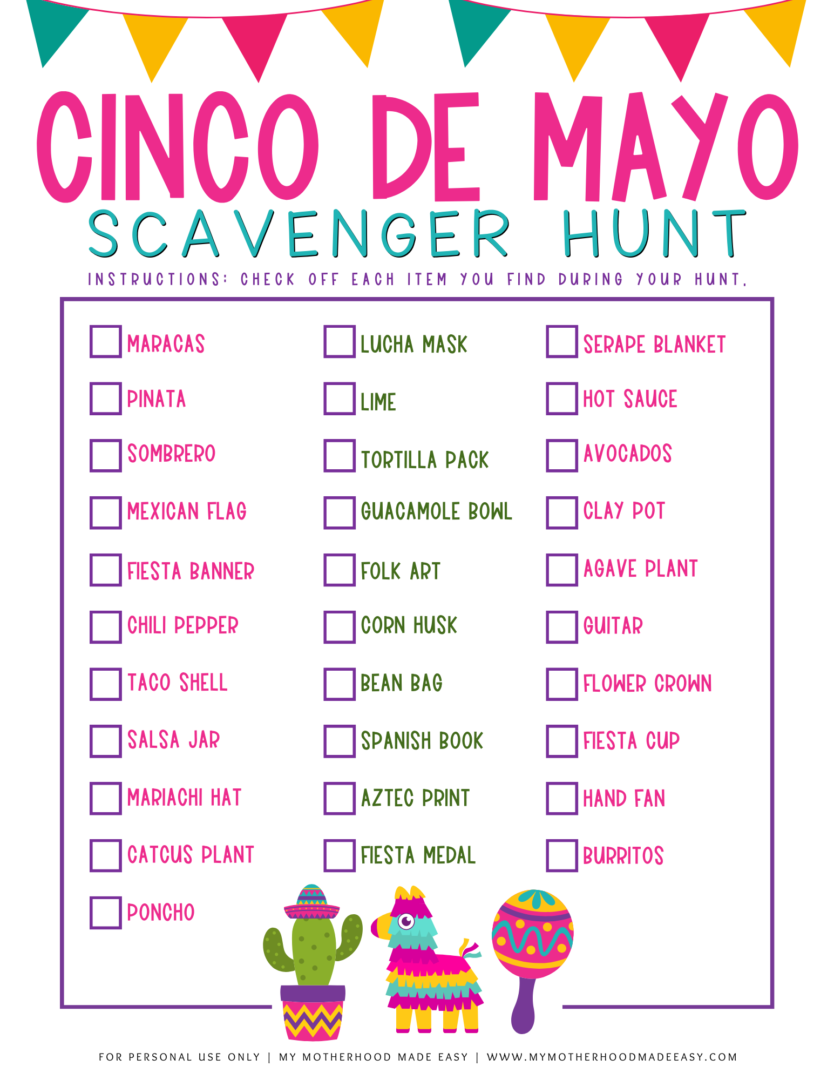 FREE Printable Cinco De Mayo Scavenger Hunt PDF for Kids