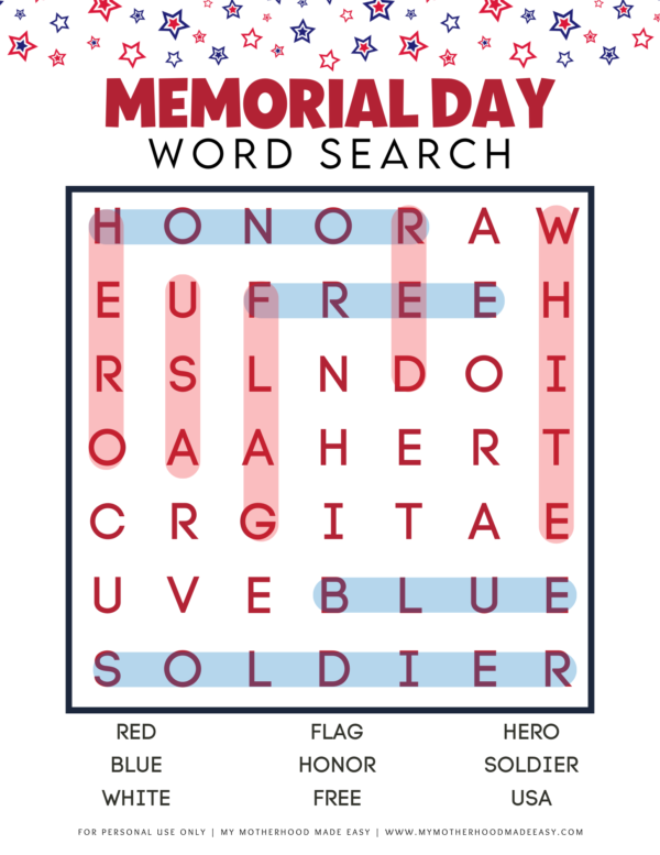 FREE Printable Memorial Day Word Search PDF for Kids & Adults