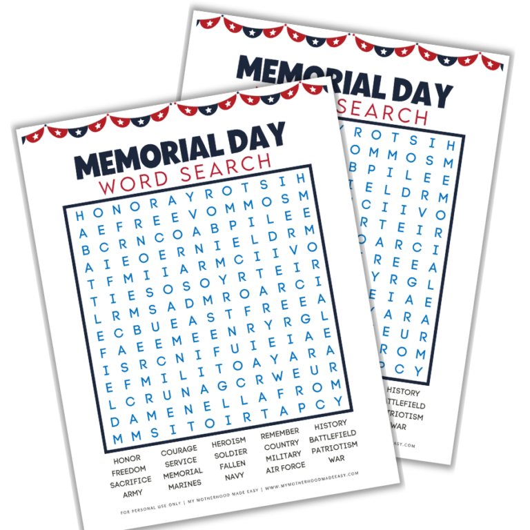 FREE Printable Memorial Day Word Search PDF for Kids & Adults
