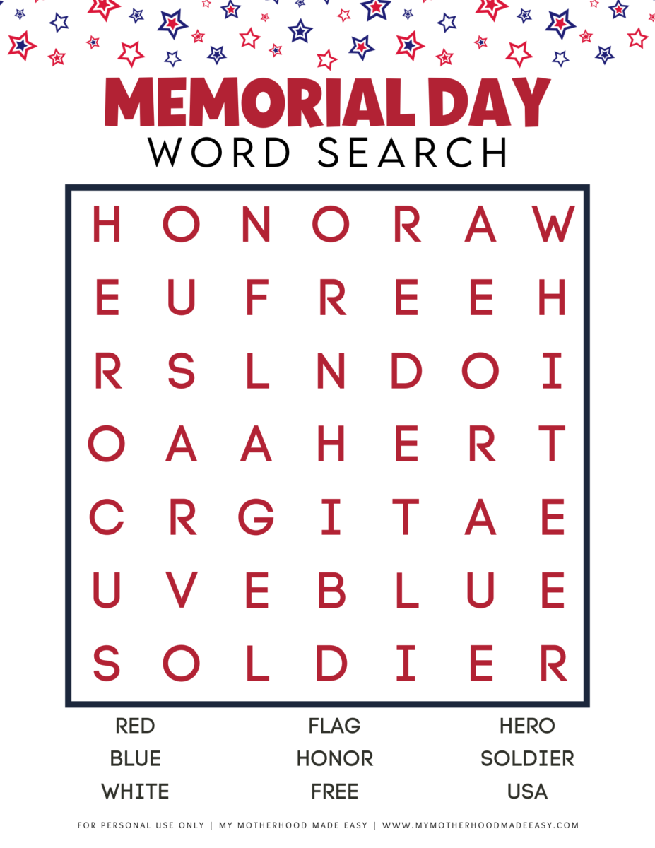 FREE Printable Memorial Day Word Search PDF for Kids & Adults