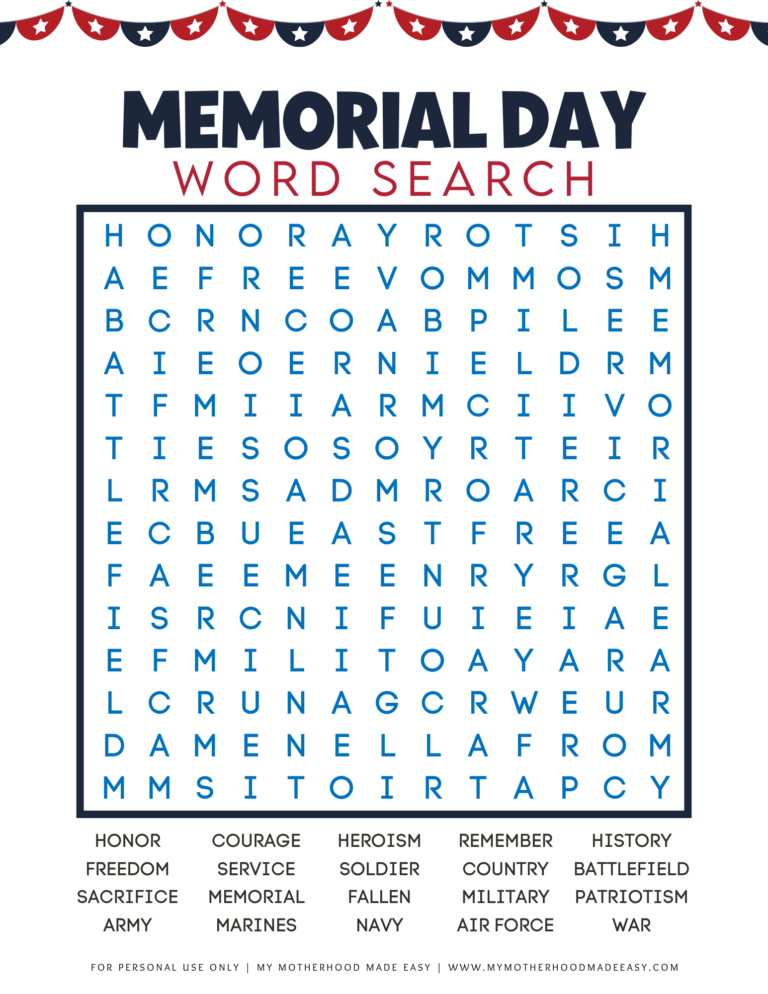 FREE Printable Memorial Day Word Search PDF for Kids & Adults