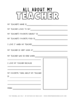FREE All About My Teacher Printable PDF (Thank You Gift) – My ...