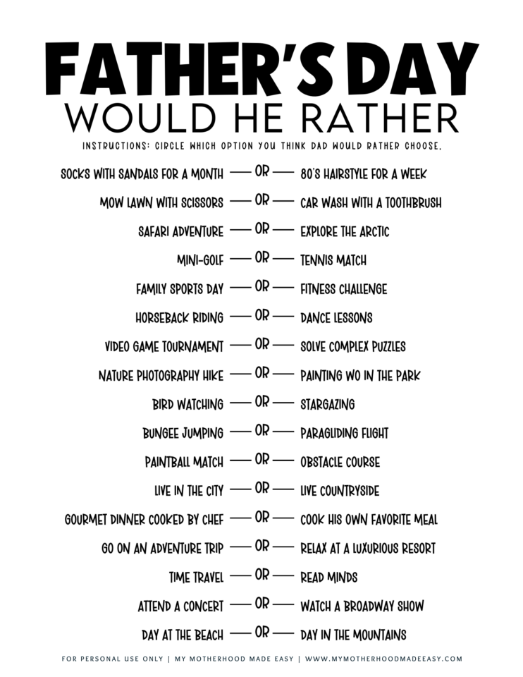 50 Father’s Day Would You Rather Questions for Kids – My Motherhood ...