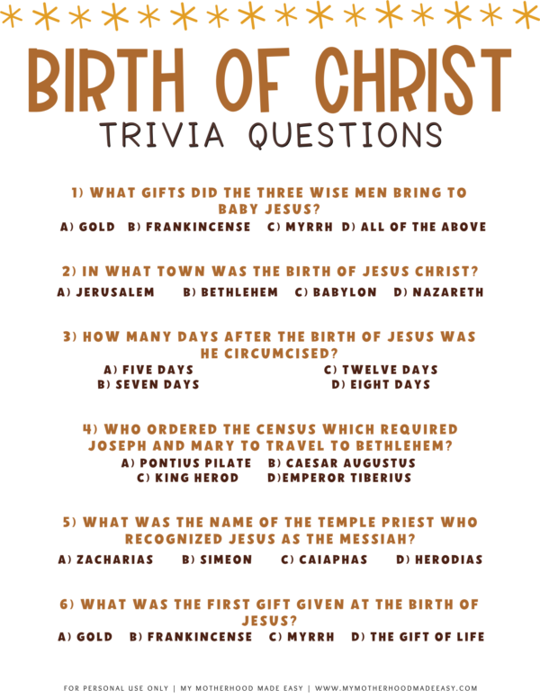 FREE Printable Christmas Bible Trivia with Answers – My Motherhood Made ...