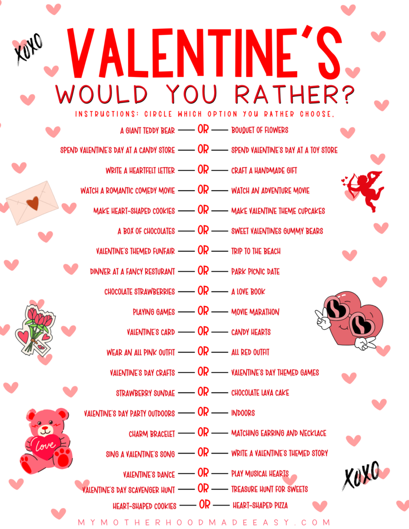 30 Valentine’s Day Would You Rather Questions for Kids – My Motherhood ...